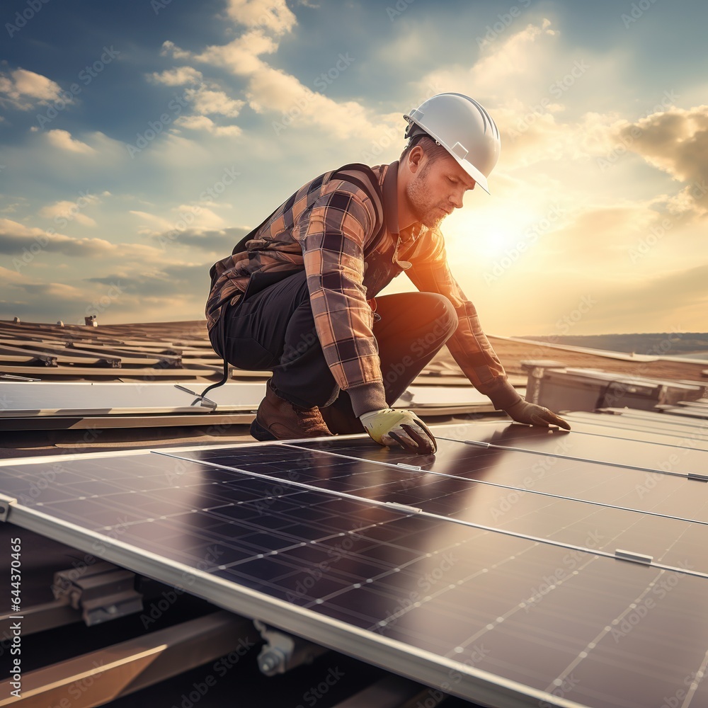 Engineer maintaining solar cell panels on the rooftop, Engineer worker ...