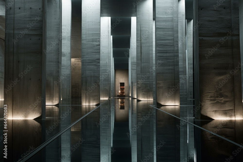 Modern, sharp architecture with concrete columns, reflective surfaces ...