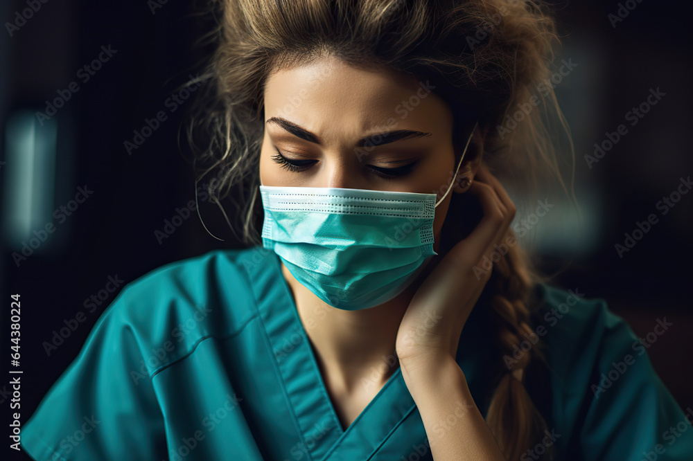 A Fatigued and Depressed Female Scrub Nurse, Wearing a Face Mask ...