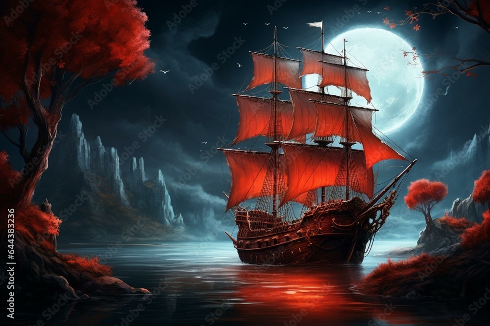Mystical pirate ship with red sails at night on luminous sea with a ...