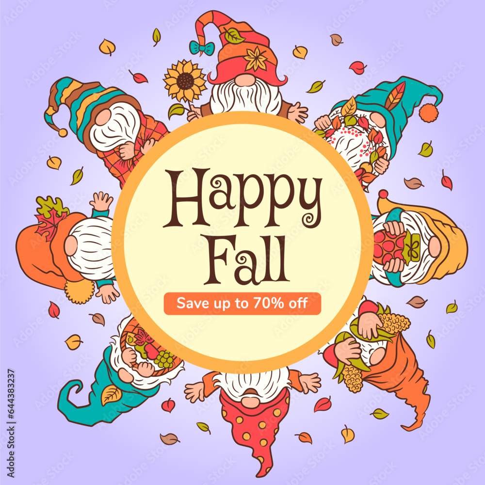 Fall square design with cute autumn gnomes. Copy space for text ...