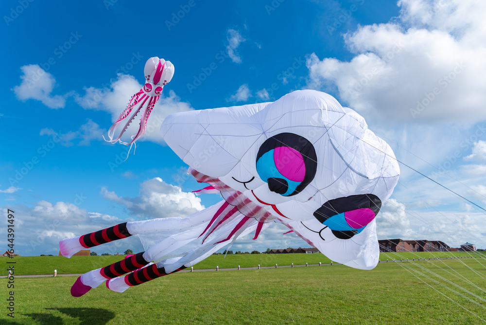 Flugdrachen bei der sogenannten Drachenwiese in Norddeich. Bundesland ...