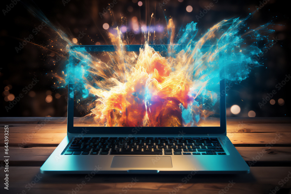 Laptop bursting with an explosion of vibrant technicolour colours ...