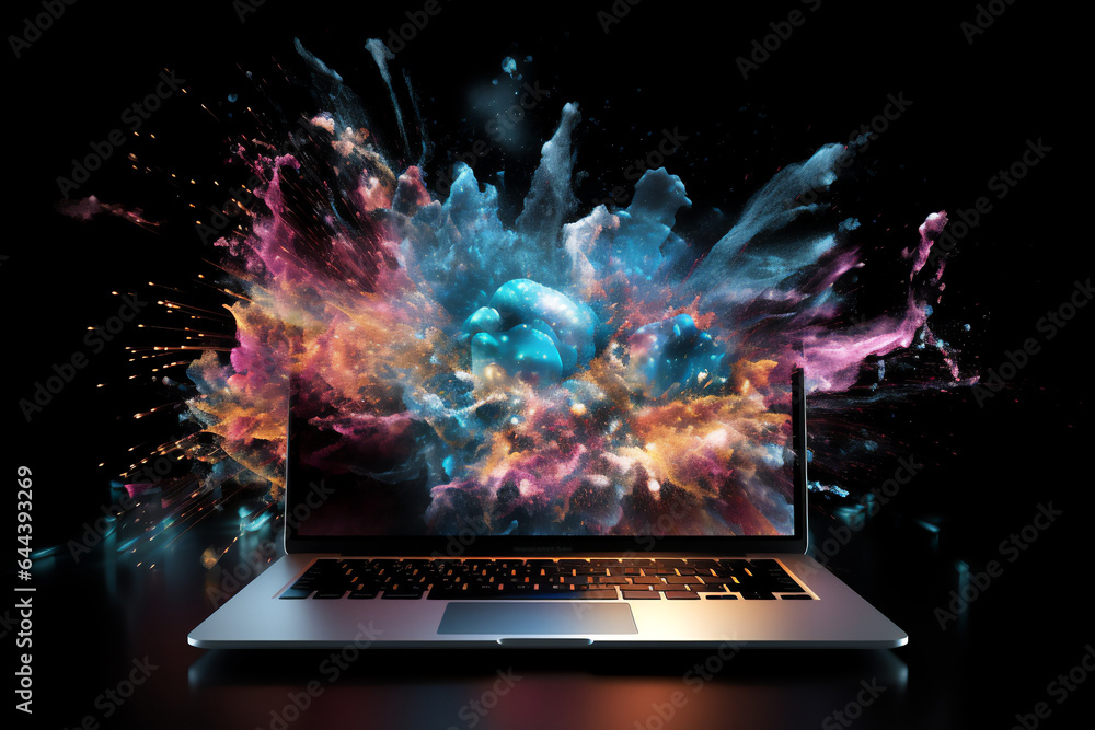 Laptop bursting with an explosion of vibrant technicolour colours ...