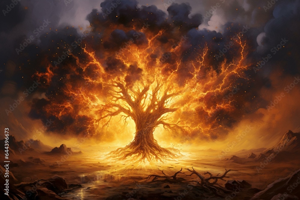 Bible-inspired depiction of the burning bush from the Exodus story ...