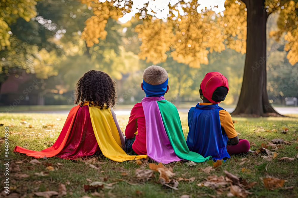 Children dressed as superheroes play together in the park during the ...