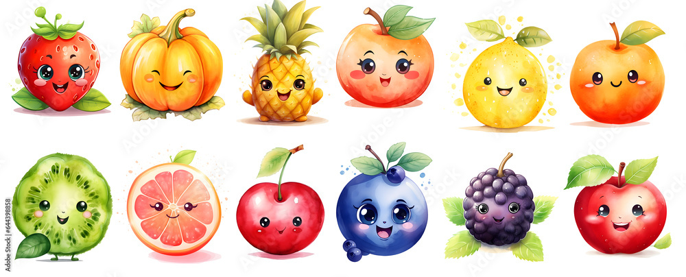 set of cute fruits on transparent background, watercolor png, generated ...