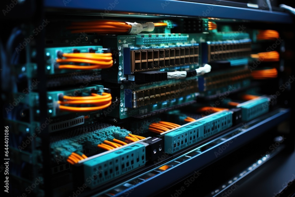 Server room with switch, internet cables and wires. Fiber optic ...