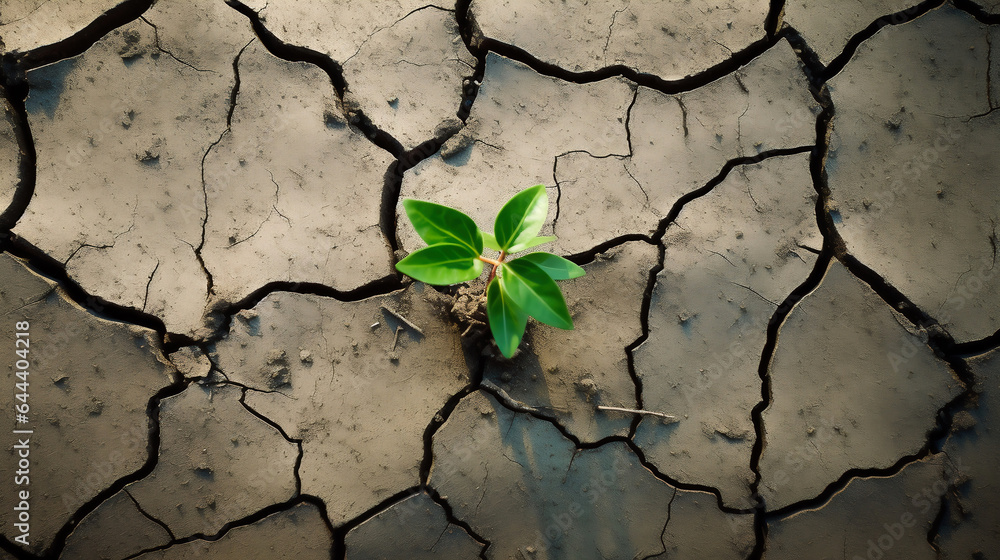 Green plant growing in soil. Drought. Background with cracked earth and ...