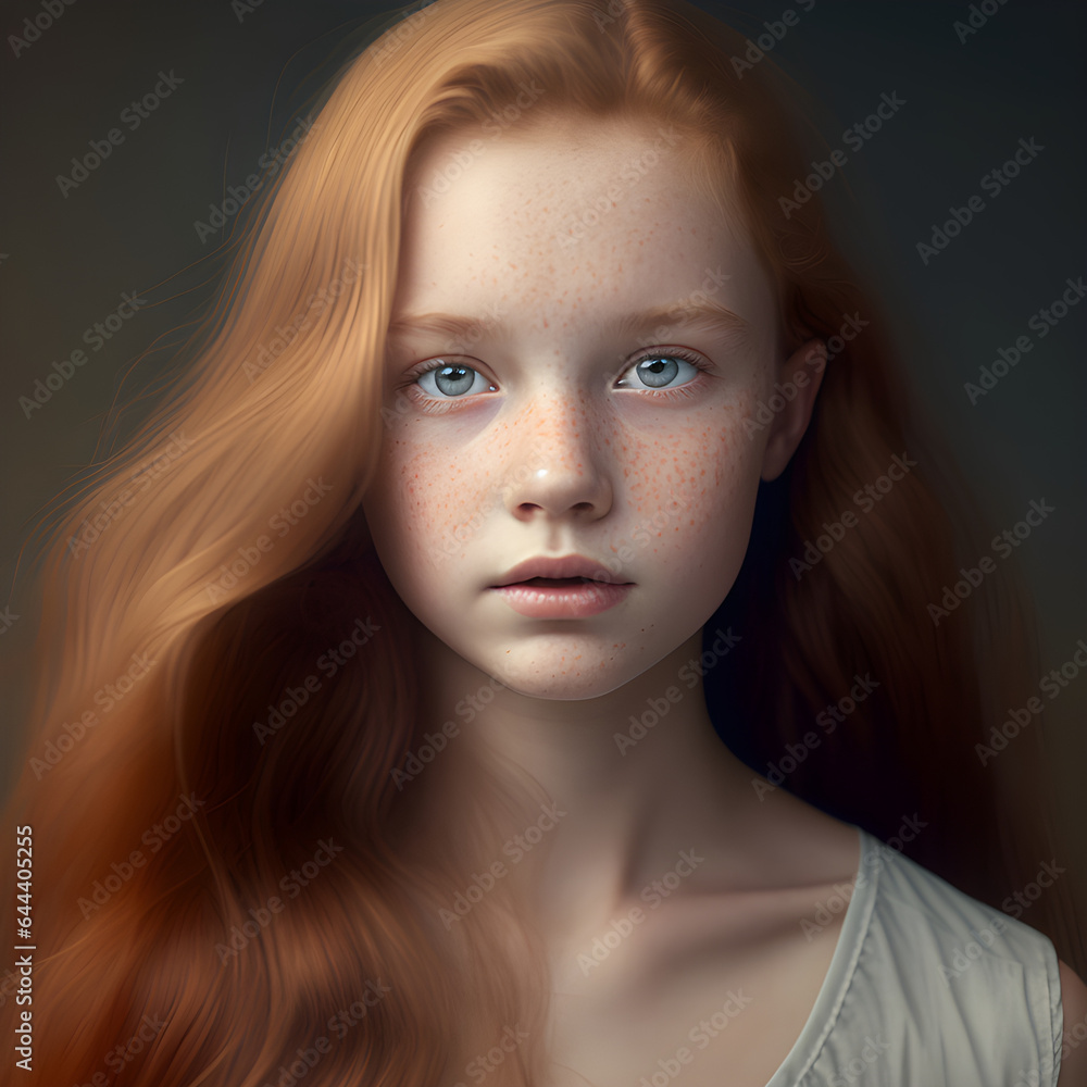 portrait of a young model with red hair on a gray background, blue eyes ...