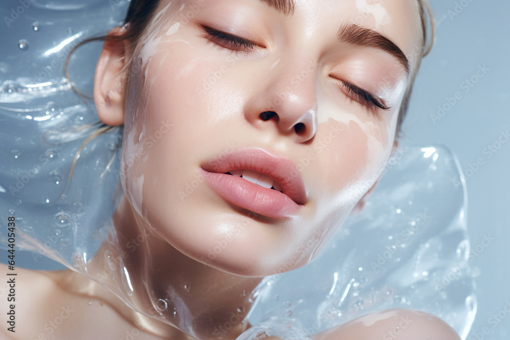 An underwater close-up of a pale-skinned woman's face, immersed in a ...