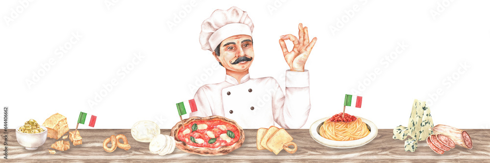 Italian Food and cook Banner. Watercolor illustration of chef with ...