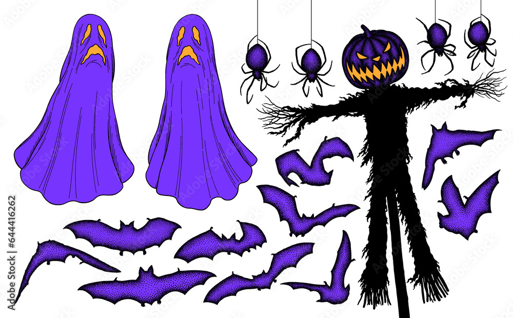 Hand-drawn ghosts, spiders, vampire bats and a jack-o-lantern scarecrow ...