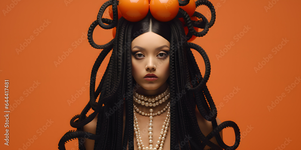 Beautiful model girl on the costume party with creative black octopus ...