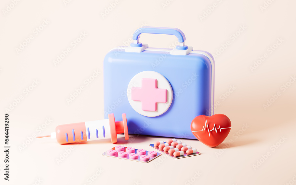 Cartoon medical kit and drug therapy, 3d rendering. Stock Illustration ...