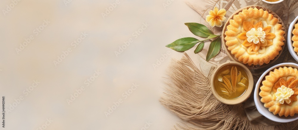 Malaysian desserts on a isolated pastel background Copy space Kuih Beko ...