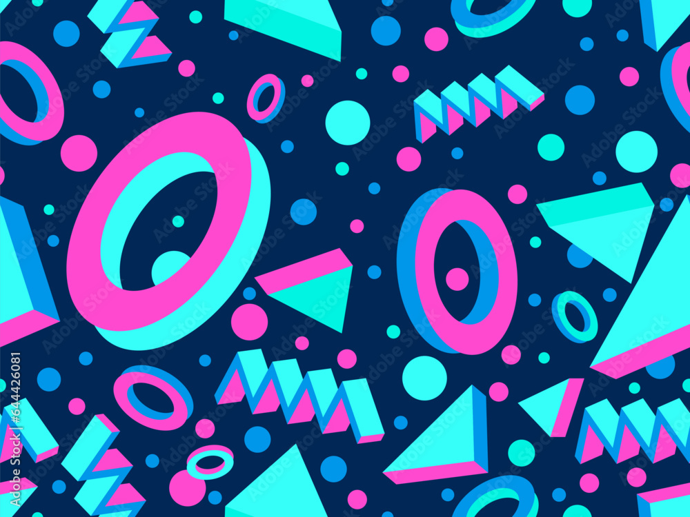 3D geometric seamless pattern in 80s style. 3d isometric triangles ...