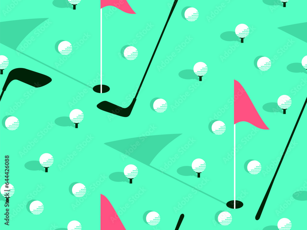 Seamless pattern with golf balls on the rack, clubs, holes and red ...