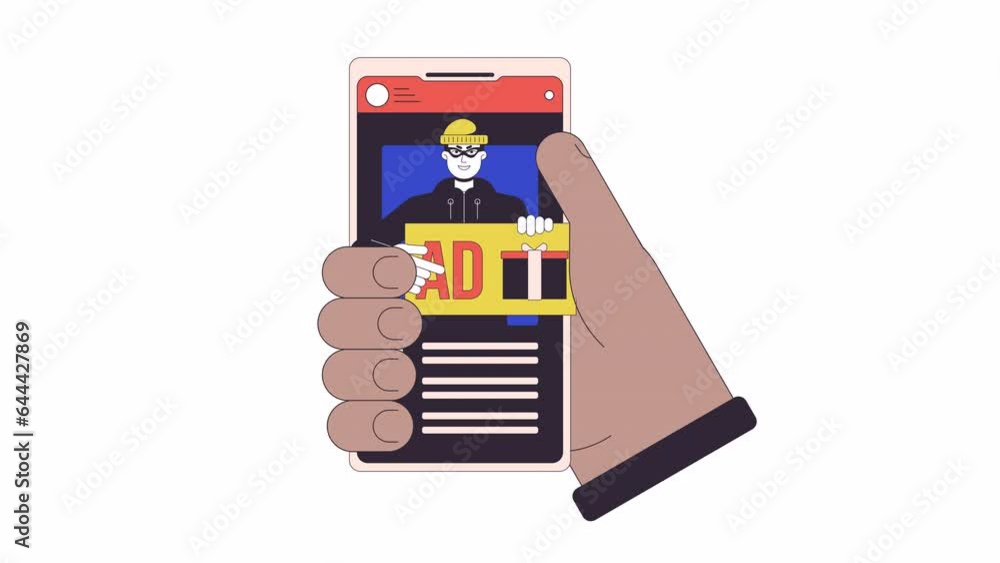 Hand holding phone with click fraud line 2D animation. Getting ...