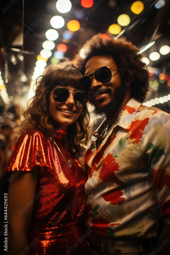 A candid shot of a couple dressed in iconic 1970s disco fashion. Their ...