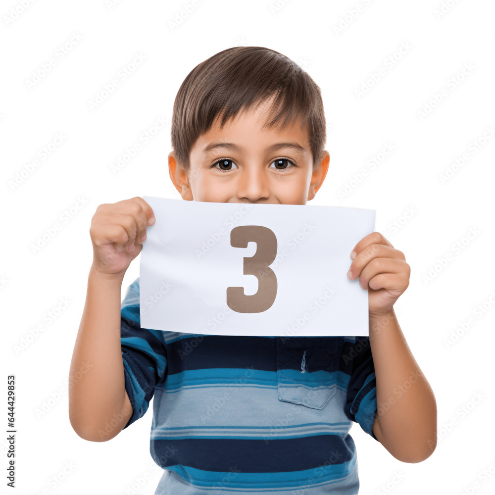 Cute child holding a paper with number 3. Isolated on transparent ...