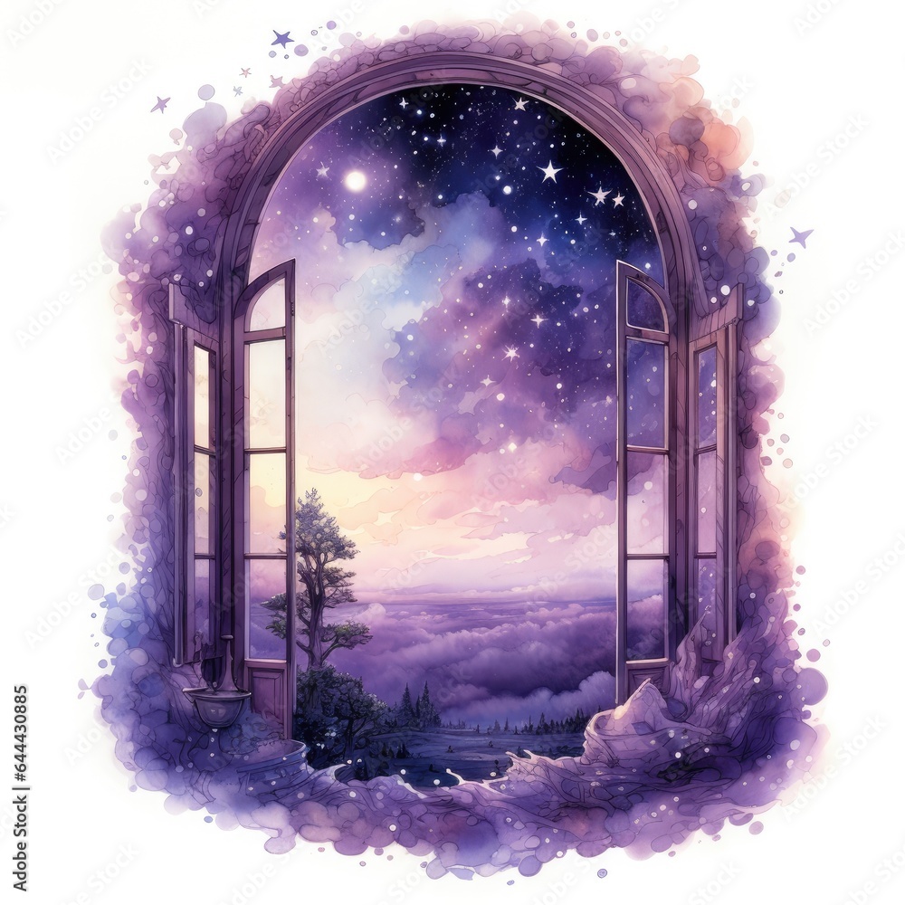 Dreamy Window Frame An Illustrated Watercolor Night Sky with Purple ...