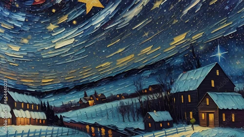 Countryside landscape at night impressionist painting. Village with ...