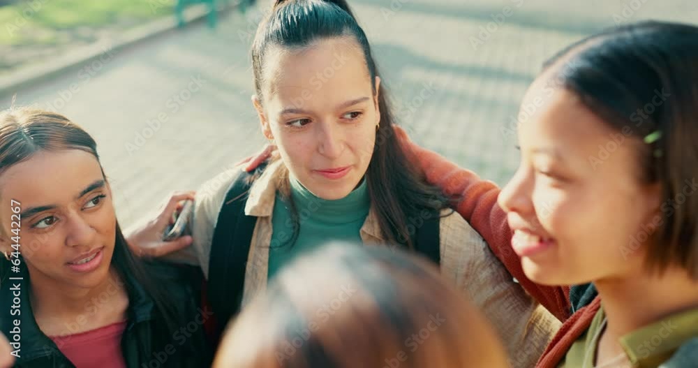 Conversation, campus and women students as friends hug for bonding ...
