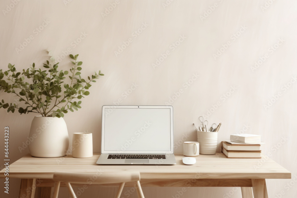 Home office desk in a neutral color palette. A vase, laptop, a stack of ...