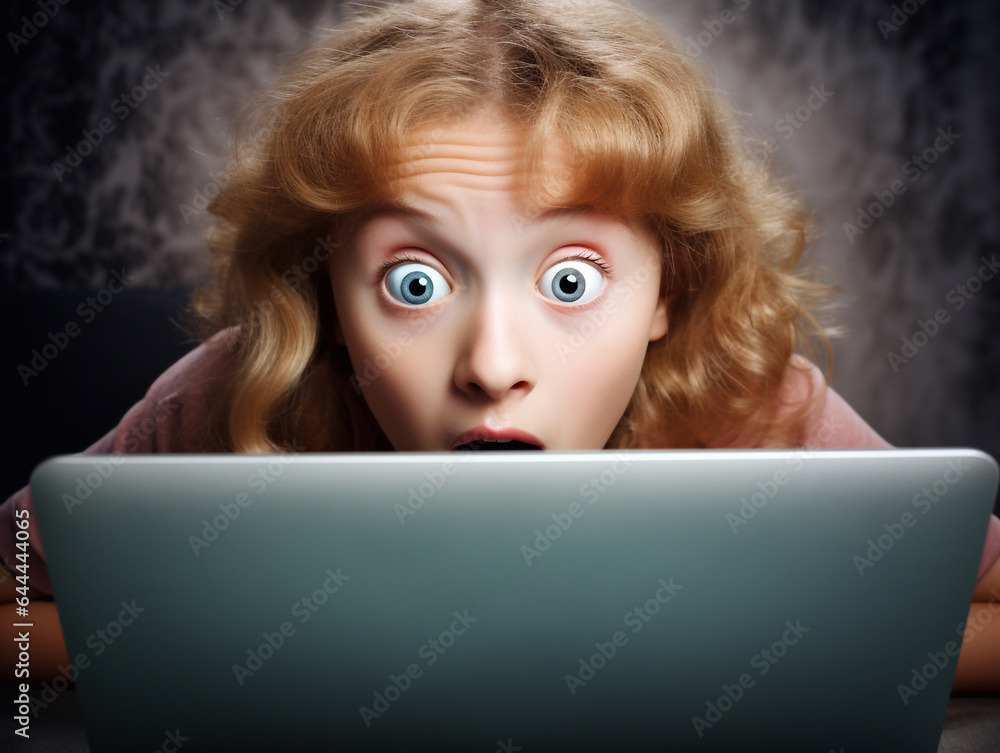 Shocked and surprised child girl on the internet with laptop computer ...