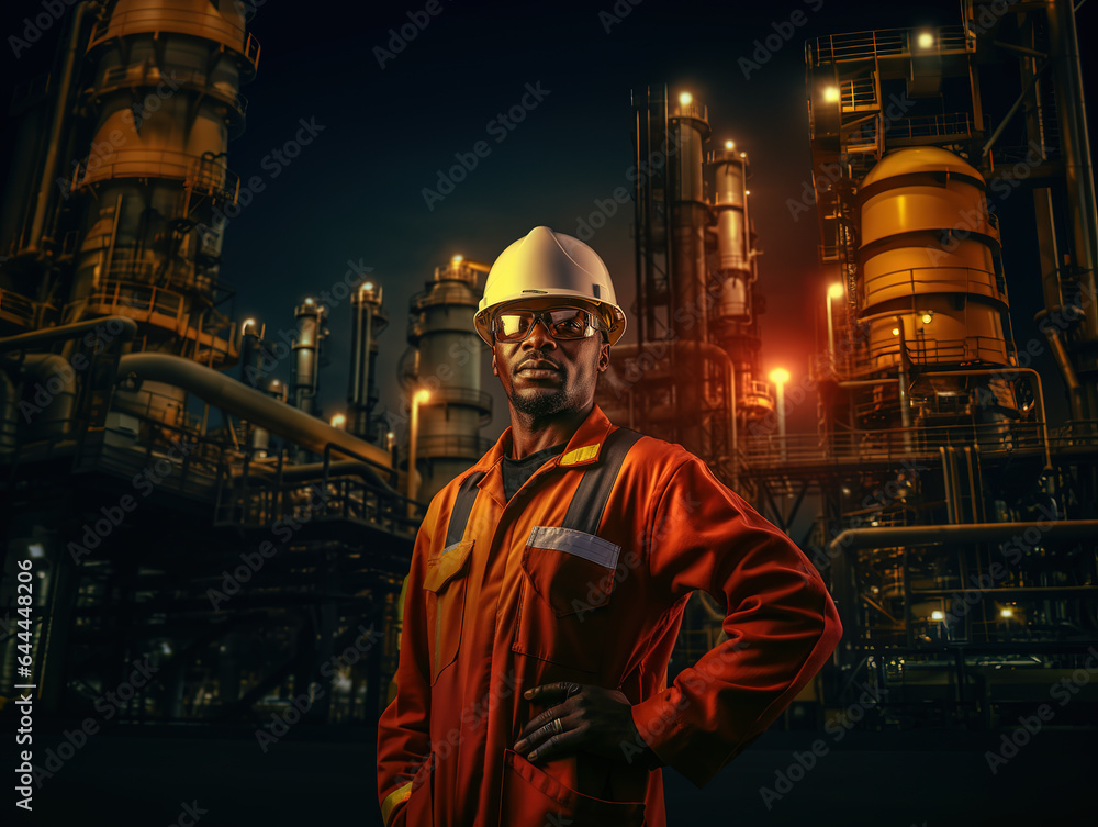 Confident refinery worker wearing uniform, protective eyeglasses and ...