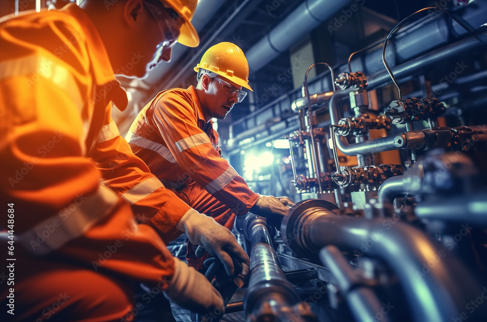 Chemical industry plant workers wearing uniform, eye shield glasses and ...