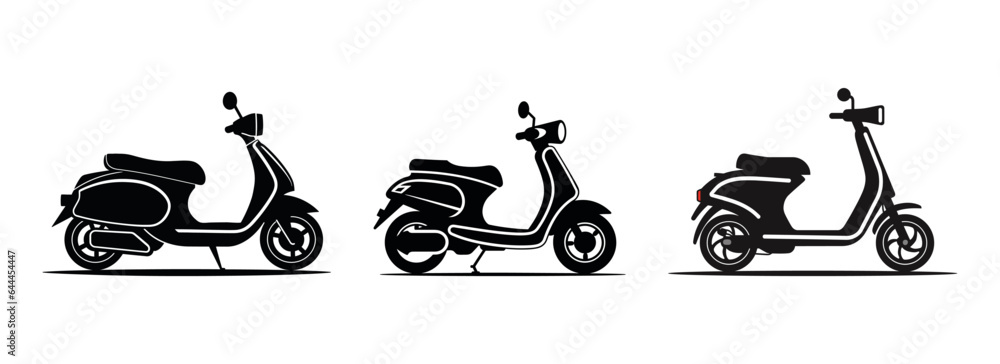 Set Electric scooter. Motorbike. Motorcycle charging. Black and white ...