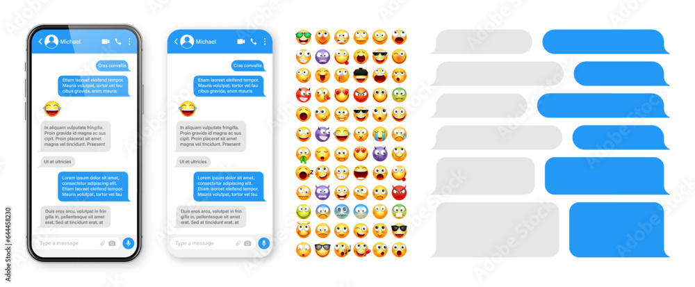Smartphone messaging app, user interface design with emoji. SMS text ...
