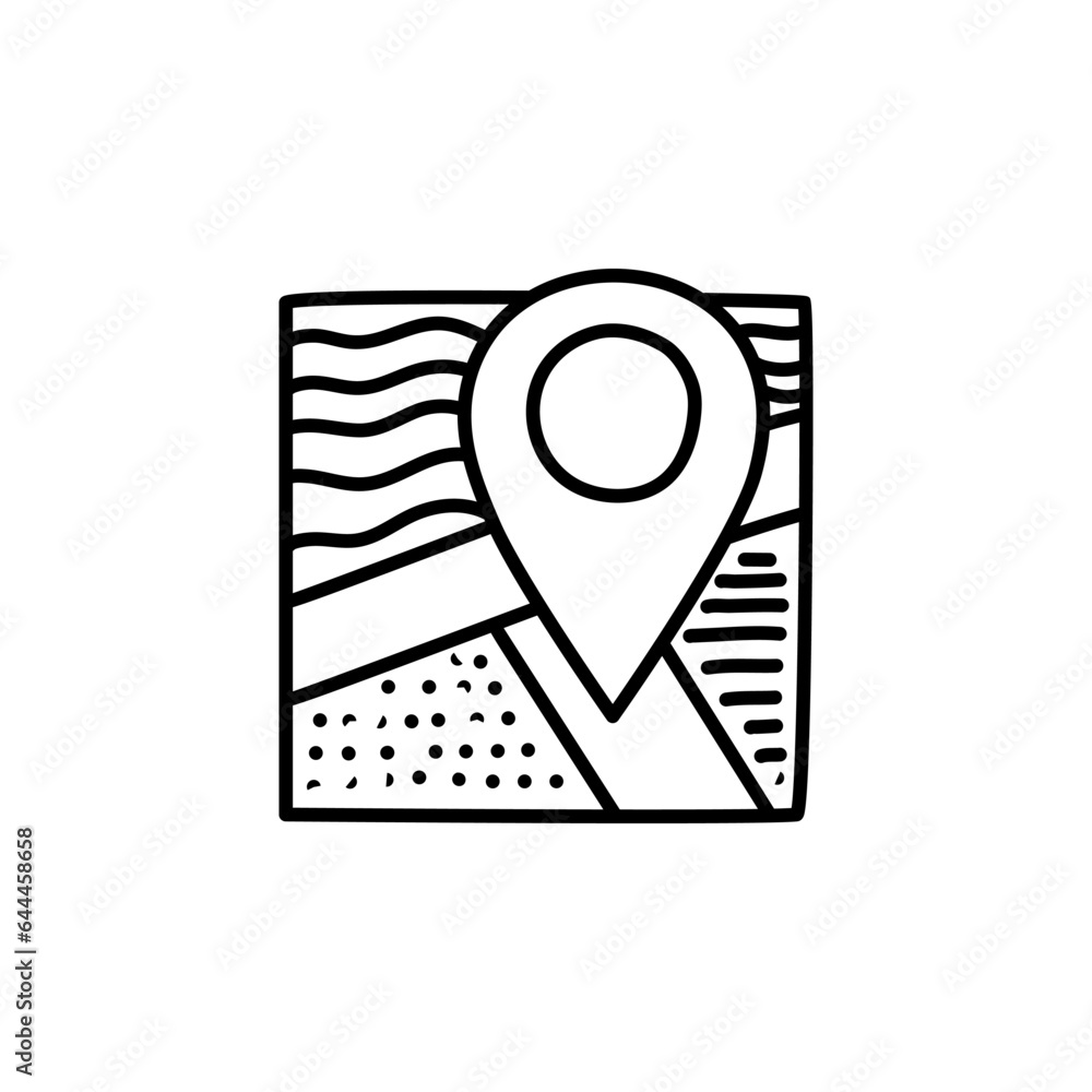 Doodle location icon. Map pictogram. Terrain orientation, gps, isolated ...