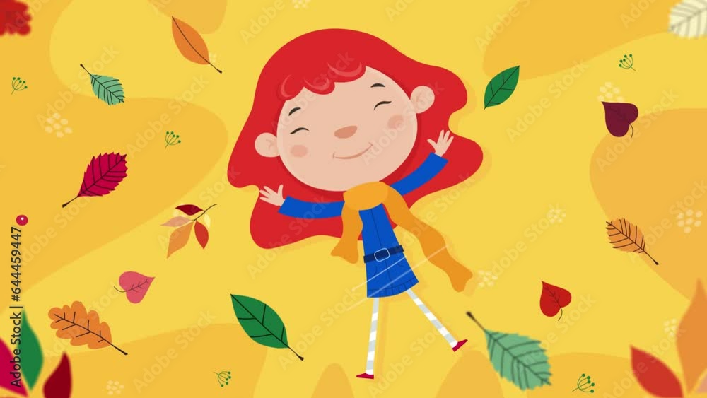 Leaf angels. Cute smiling cartoon girl making angel in autumn leaves ...