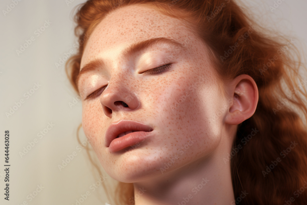 a macro close-up portrait of a face of a young white caucasian woman ...