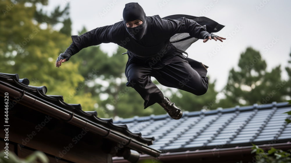 Man costumed in japanese ninja running on house roof wearing black ...