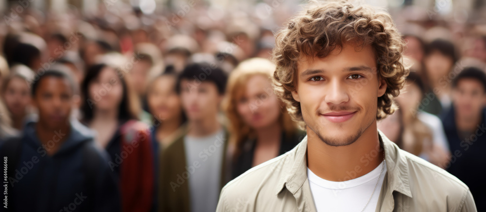 Banner with a young handsome man looking at camera in middle of a big ...