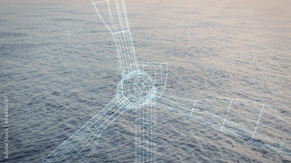Futuristic visualisation of the building of an offshore wind farm with ...