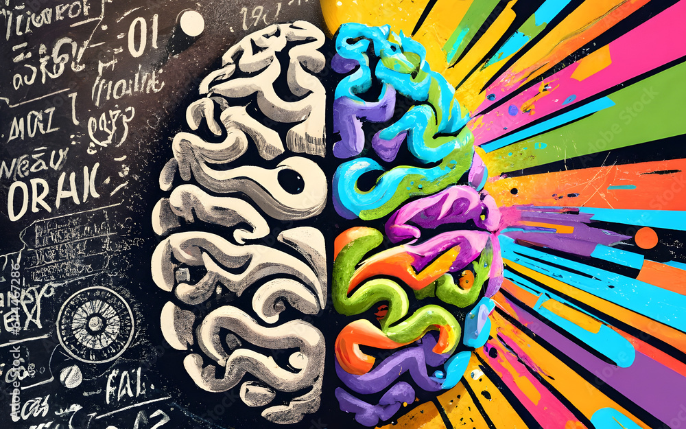 Left and right human brain with social infographic on logical side ...
