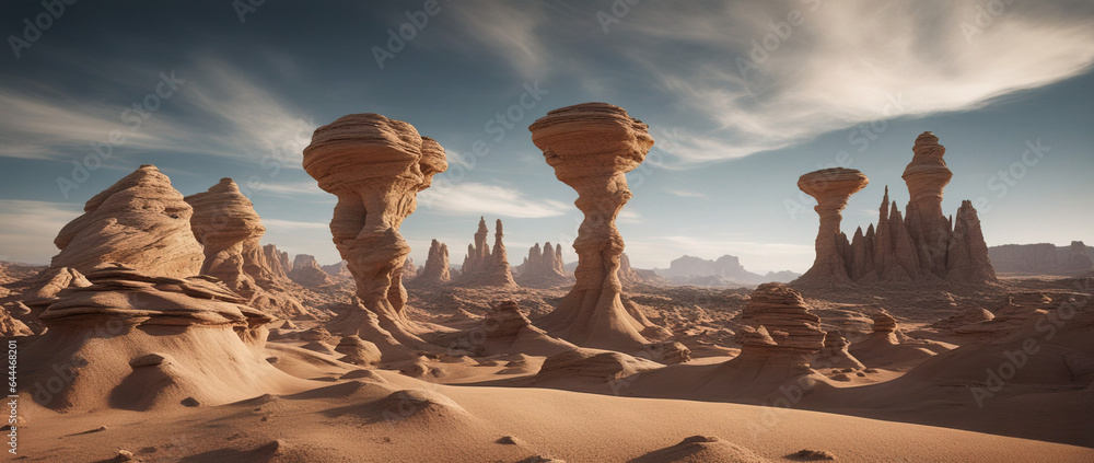 Wide-angle shot of an alien planet landscape. Breathtaking panorama of ...