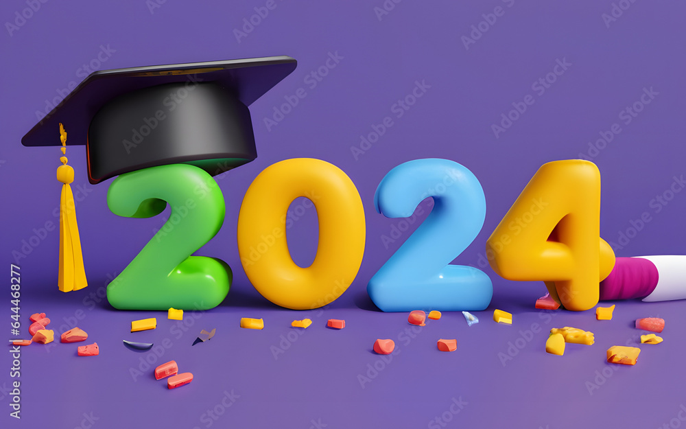 class of 2024 with graduation cap for graduation education collage. 3d ...