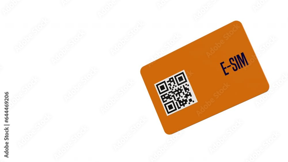Rotating E-SIM card with QR code on white empty background. Mobile ...