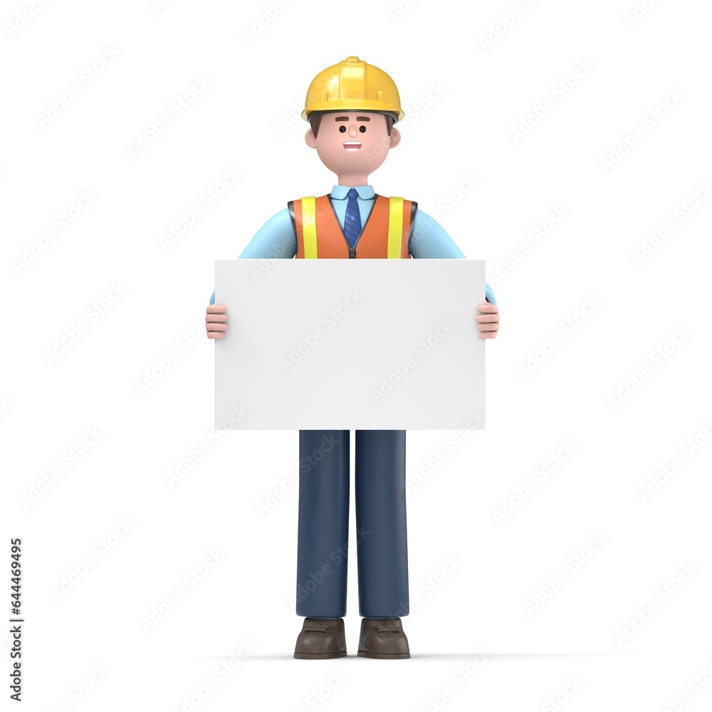 3D illustration of male engineer Owen holding white blank board ...