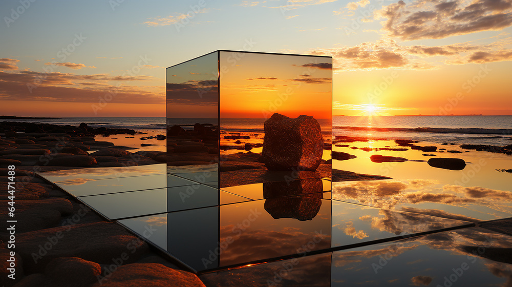 Cubic form in a mirror texture at a sunset Stock Illustration | Adobe Stock