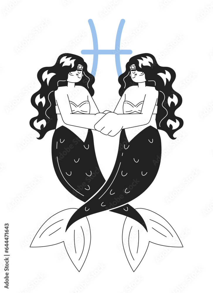 Pisces zodiac sign monochrome concept vector spot illustration. Mermaid ...