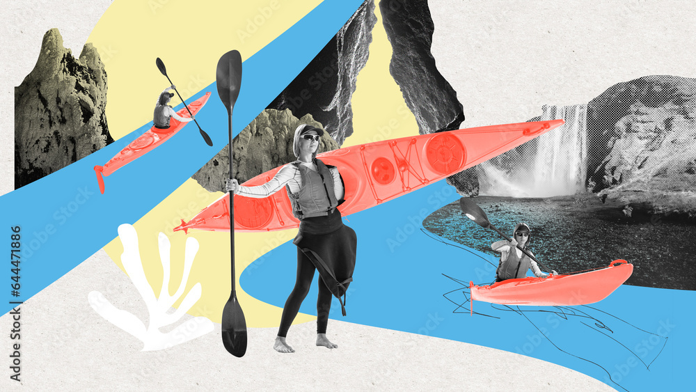 Young woman rowing in canoe, kayak swimming and competing. Contemporary ...