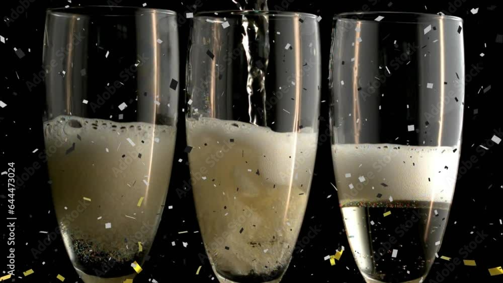 Animation of champagne pouring in glasses and confetti exploding over ...