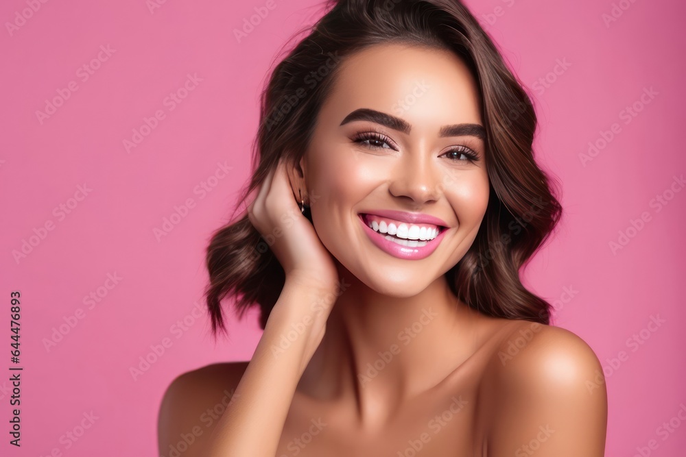 Portrait beautiful model woman with white teeth smile, healthy long ...